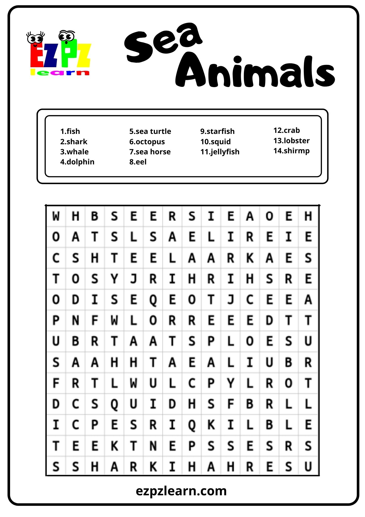 Sea Animals Word Search Ezpzlearn